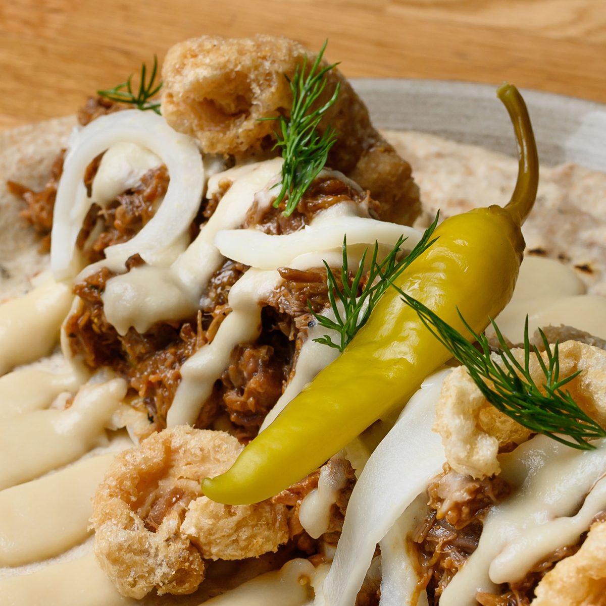 The Gourmet Pigs Cheek Kebab topped with Pork Scratchings ...